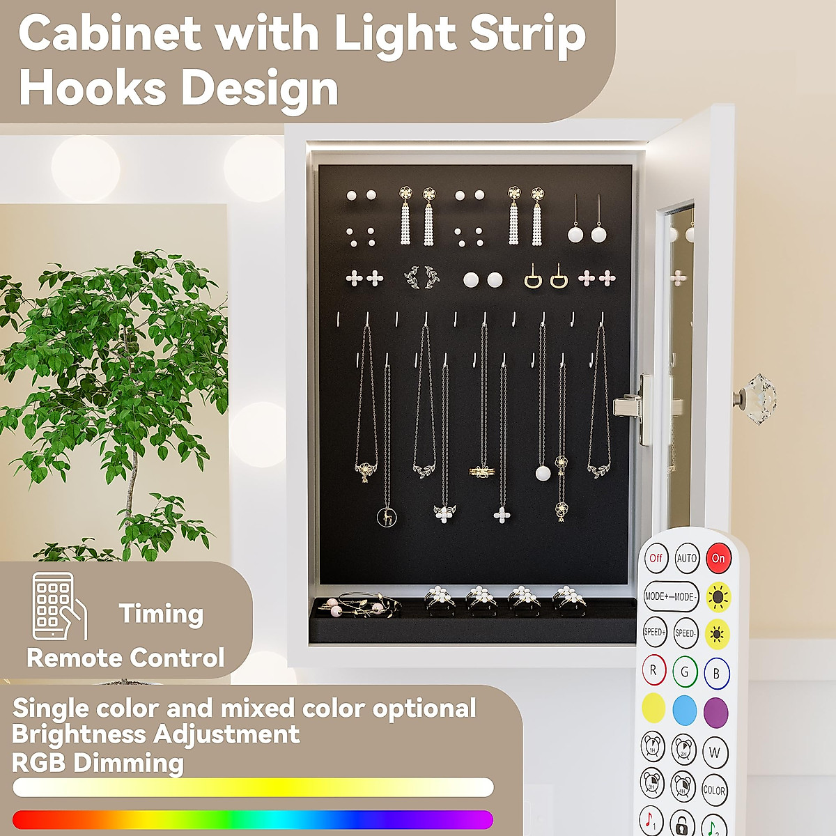 Jaojcoe Makeup Vanity Desk with Lights Mirror, White Vanity with Glass Top & 2 Drawers & 2-Tier Cabinet, 3 Light Settings & Charging Station & Upholstered Stool Dressing Table for Bedroom