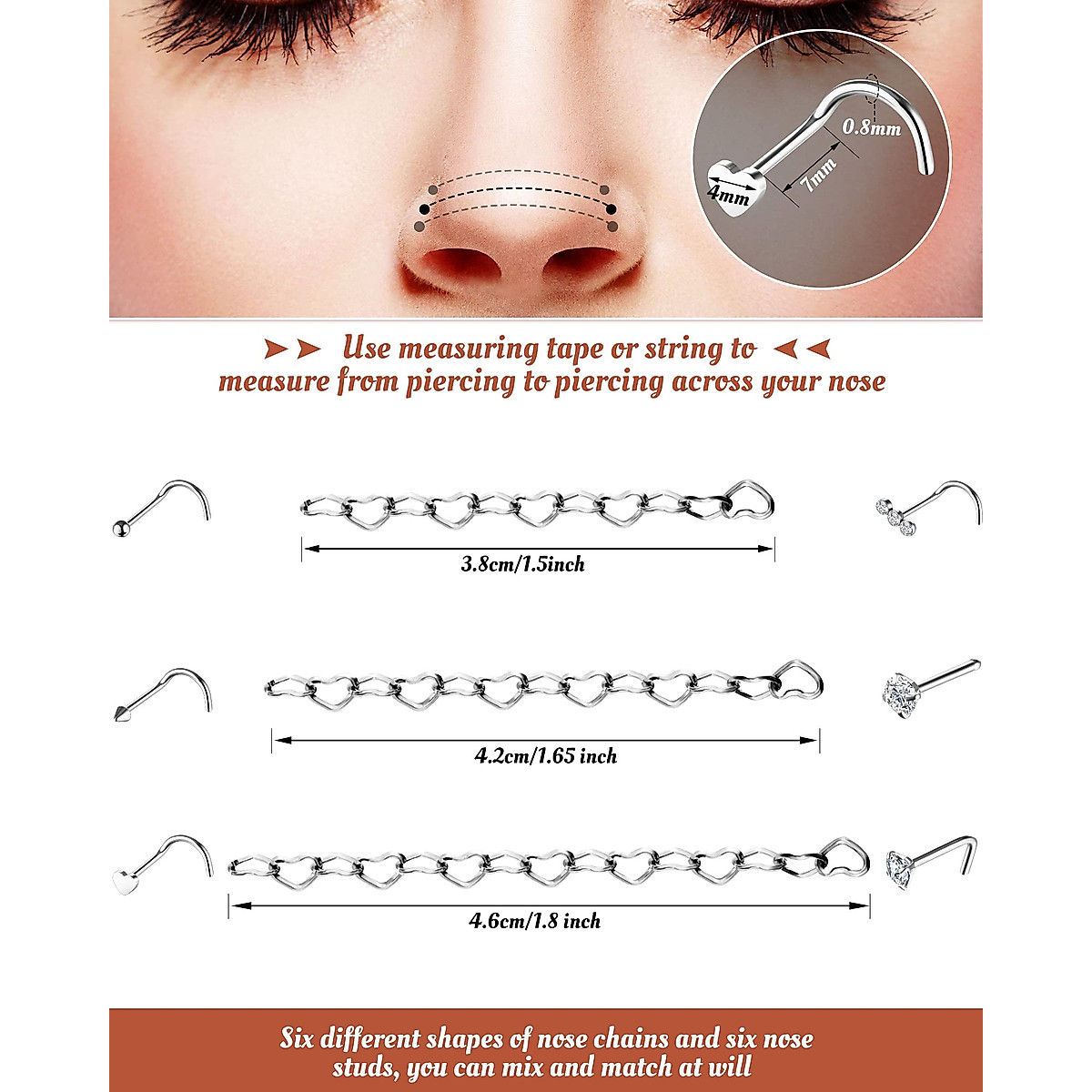 MTLEE Nose Ring Nose Chain Piercing Across Double Nose Stud Chain Jewelry CZ Heart Ball l Shaped Stainless Steel Nose Piercing Stud Nostril Jewelry for Women Men(Silver,1.5 Inch)