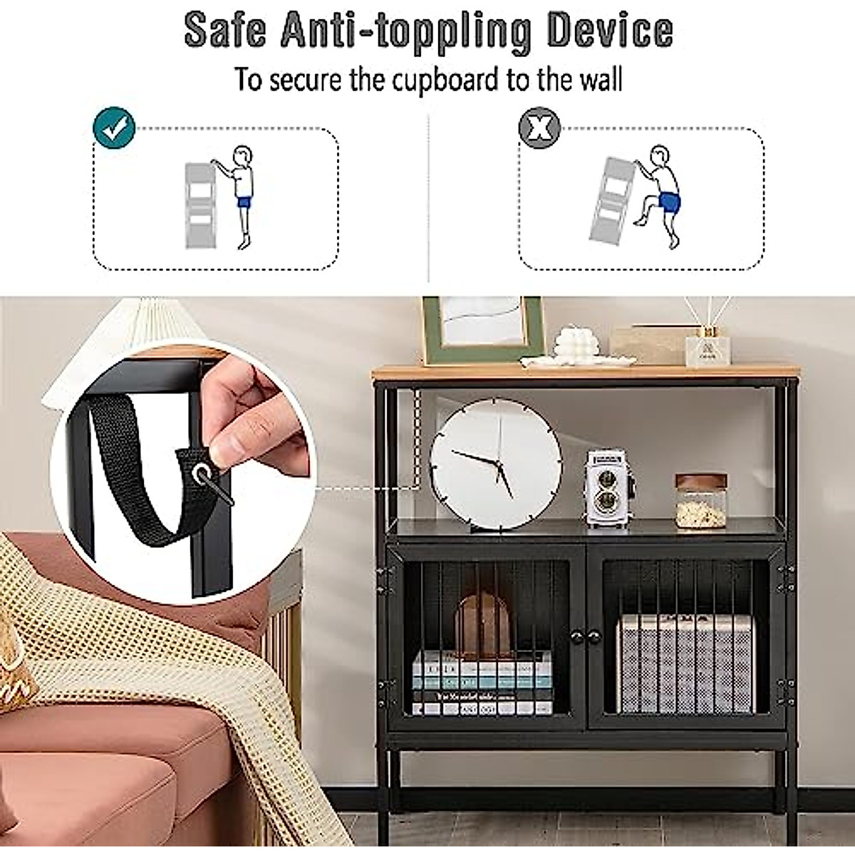 GLOBALWAY Buffet Storage Cabinet, Coffee Station Sideboard with Open Shelve & 2-Door Cabinet, Modern Metal Console Table for Home, Cafe, Natural and Black