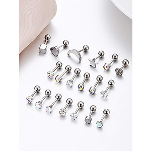 18 Pairs Stainless Steel Stud Earrings Solid Rhinestone Earring Cartilage Earrings Helix Ear Piercing Jewelry for Women Men (Steel Color, 18 G/ 1 mm with 4 mm Screw Ball)