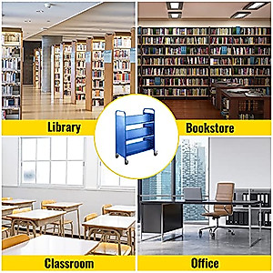 BestEquip Book Cart, 200LBS Library Cart, 49.2''x35.4''x18.9'' Rolling Book Cart, Double Sided W-Shaped Sloped Shelves with Lockable Wheels for Home Shelves Office School Book Truck Blue