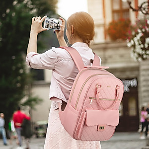 RJEU Backpack Boogbag for Women,Cute School Backpack for Teen Girls with Laptop Compartment,Quilted Stylish Computer Bag Big Book Bag for College Student Work,Pink