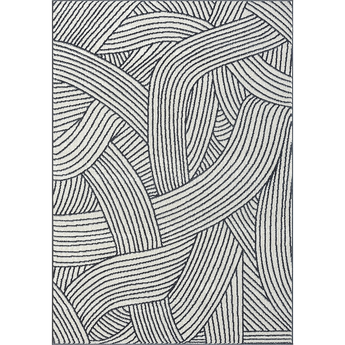 Abani Nuevo Collection Area Rug -Cream/Charcoal Modern Lined Design -7'9" x 10'2" - Easy to Clean - Durable for Kids and Pets - Non-Shedding - Medium Pile - Soft Feel for Living Room, Bedroom & Office