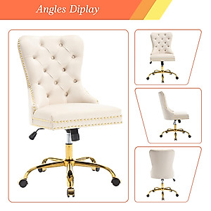 KCC Velvet Home Office Chair with Gold Metal Base & Nailhead Trim, Modern Swivel Upholstered Tufted Task Chair, Adjustable Wingback Armless Desk Chair for Living Room/Bedroom(Beige)