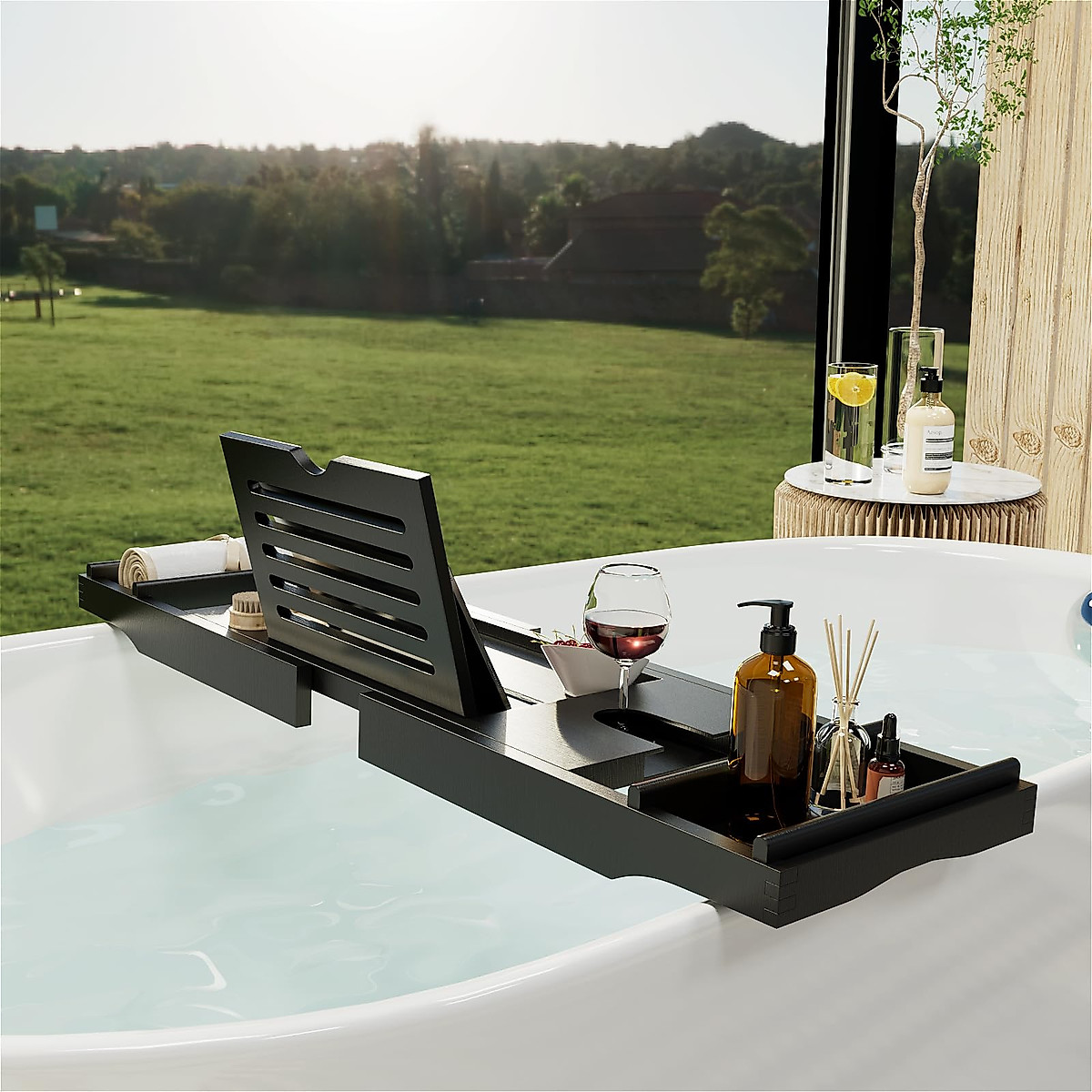 GIVINGTREE Bath Caddy Tray for Bathtub, Bamboo Bathtub Tray Caddy - Wood Bath Tray Expandable with Smartphone Tablet Book Holders, Soap Tray, Wine Glass Slot, Black
