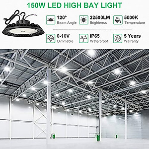 BFT UFO LED High Bay Light 150W 22500LM 0-10V Dimmable 5000K,600W HID/HPS Replacement,5' Cable with Plug,UL Certified Driver IP65 Hanging Hook,Shop Lights for Warehouse Garage Gym,Workshop