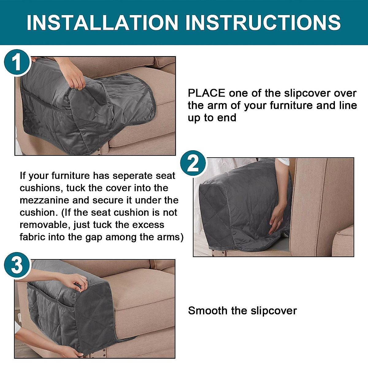 Turquoize Velvet Armrest Covers for Chairs and Sofas Couch Armrest Cover for Recliner with Side Pocket Non-Slip Arm Covers Protector for Dogs Washable Armrest Slipcovers Set of 2, Gray