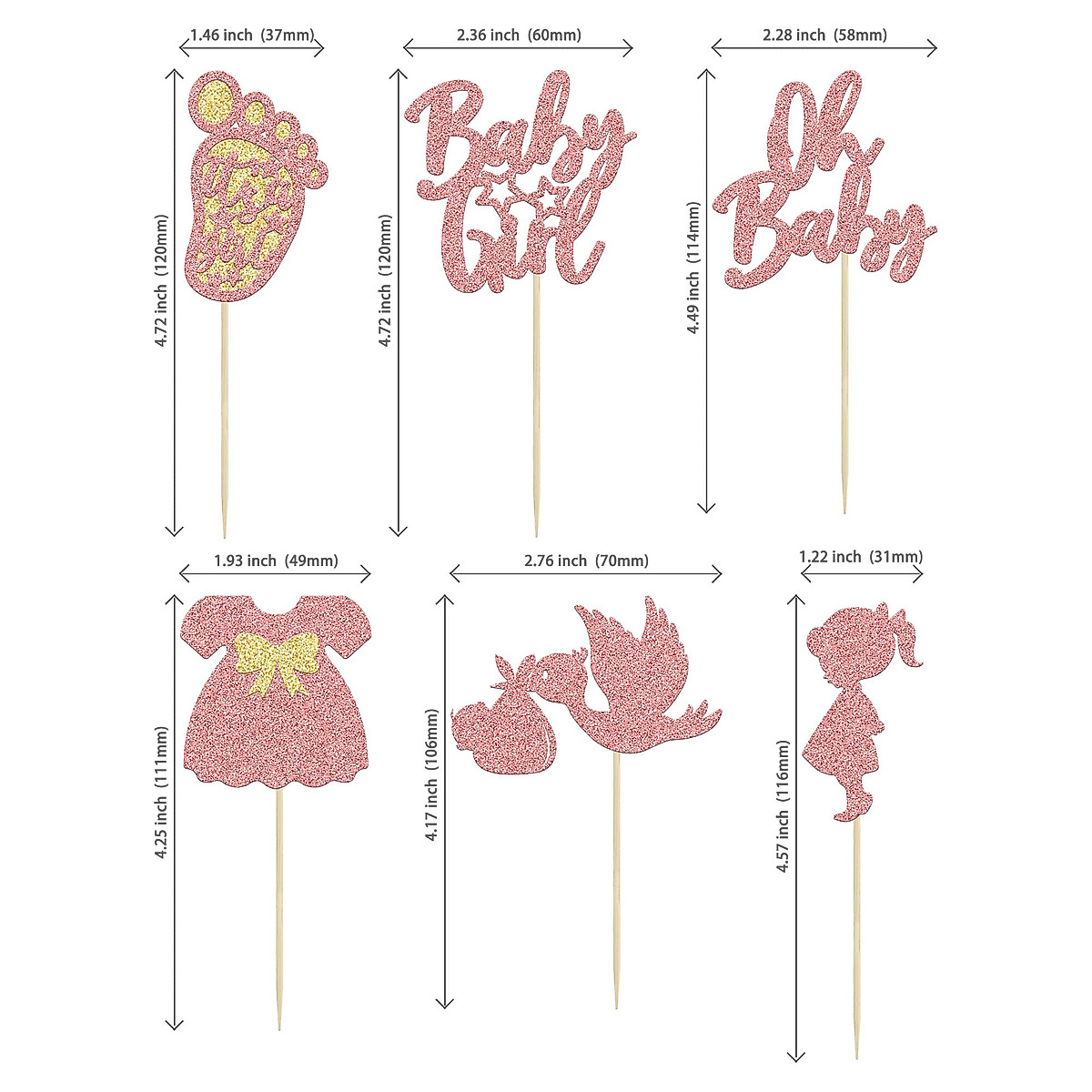 24Pcs Baby Shower Oh Baby Cupcake Toppers Rose Gold Glitter Bow Dress Footprint Swan Baby Girl Cake Picks Decorations for Baby Shower Gender Reveal Girls Birthday Party Supplies