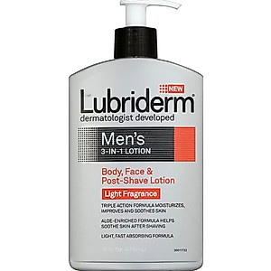 Lubriderm Men's 3-In-1 Lotion Enriched with Soothing Aloe for Body and Face, Non-Greasy Post Shave Moisturizer with Light Fragrance, 16 fl. oz