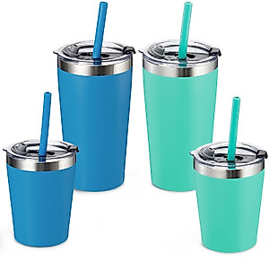 Kids Straw Cups Toddler Stainless Steel Stackable Cups with Silicone Straws and Lids 8.5 oz 12 oz Kids Insulated Spill Proof Tumblers Powder Coated Baby Drinking Cups for Boy Girl (Blue, Green, 4)