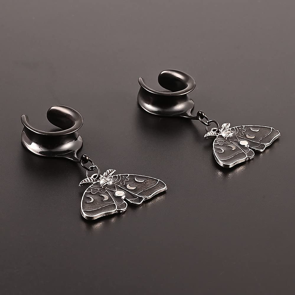 Atomhole 2 PCS Ear Gauges Black Butterfly Dangle Saddle Ear Tunnels Hypoallergenic 316 Stainless Steel Ear Hangers Plugs Piercing Body Jewelry (10mm(00G), Black)