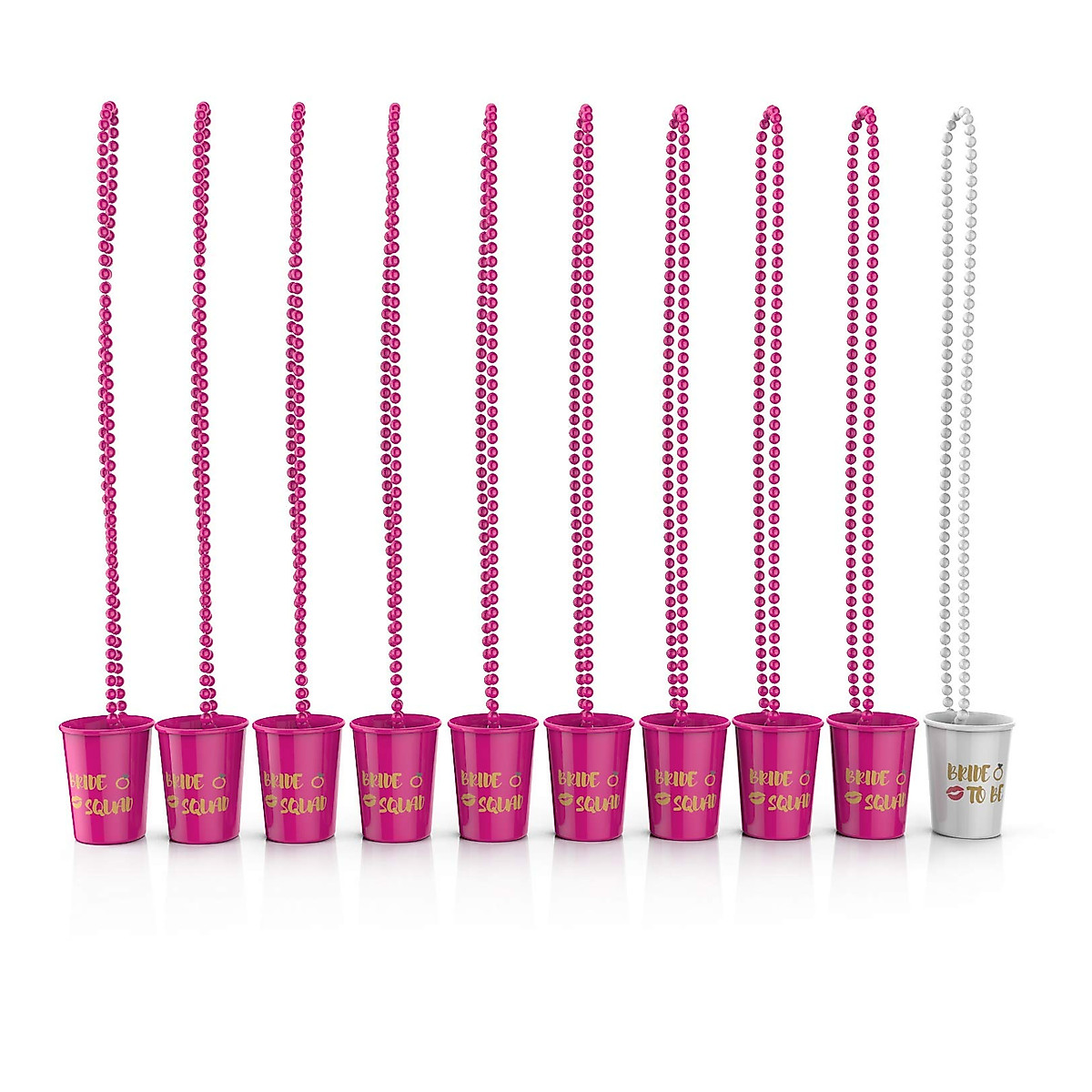 KIKEVITE Bachelorette Party Shot Glass Necklaces Drinking Supplies 12 PACK - 1 White Bride Cup and 11 Pink Squad Cups Bridal Shower