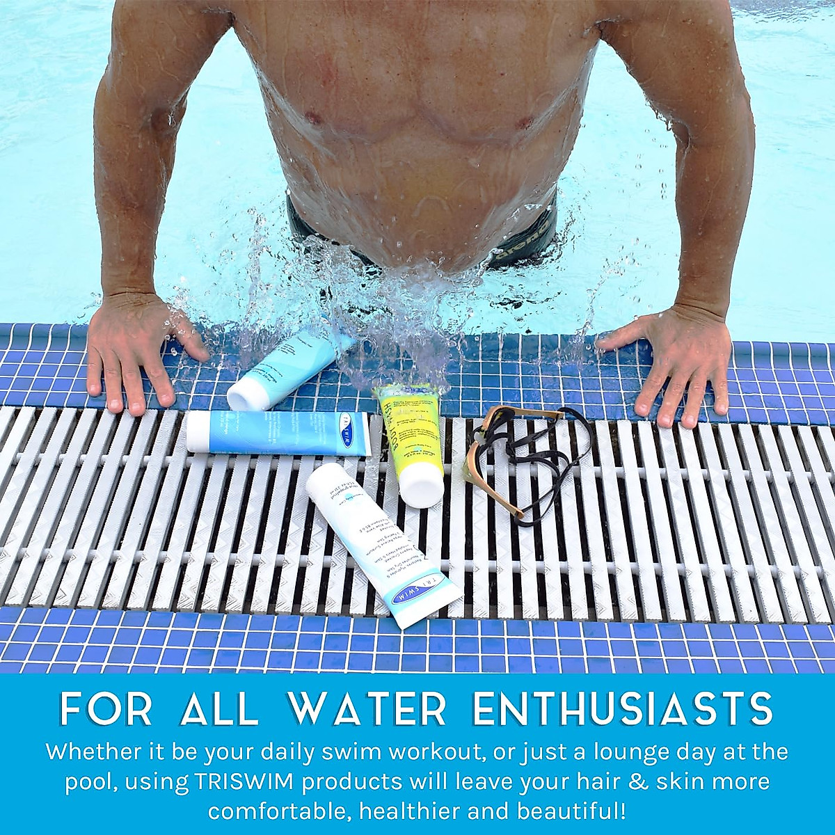 TRISWIM Gift Set Value Pack of 4 + Mesh Bag Travel Kit Swim Care Chlorine Removal Body Wash + Swimmers Shampoo + Conditioner and Lotion 8.5 fl oz for Hydrated Skin and Healthy Hair