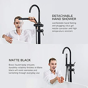 TapLong Freestanding Bathtub Faucet Tub Floor Mount Bathroom Faucets Brass Single Handle with Hand Shower High Flow Rate Max 6 GPM (Matte Black)