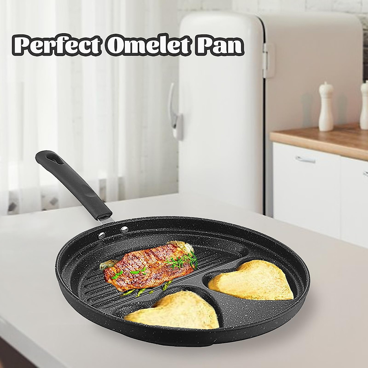 Egg Frying Pan, 3 In 1 Nonstick Egg Steak Pan for Home, Divided Omelette Pan Flat Bottom for Pancakes, Bacon&Sausage,Healthy Coating Cookware Skillet Pan for Gas Stove and Induction Cooker (Black)