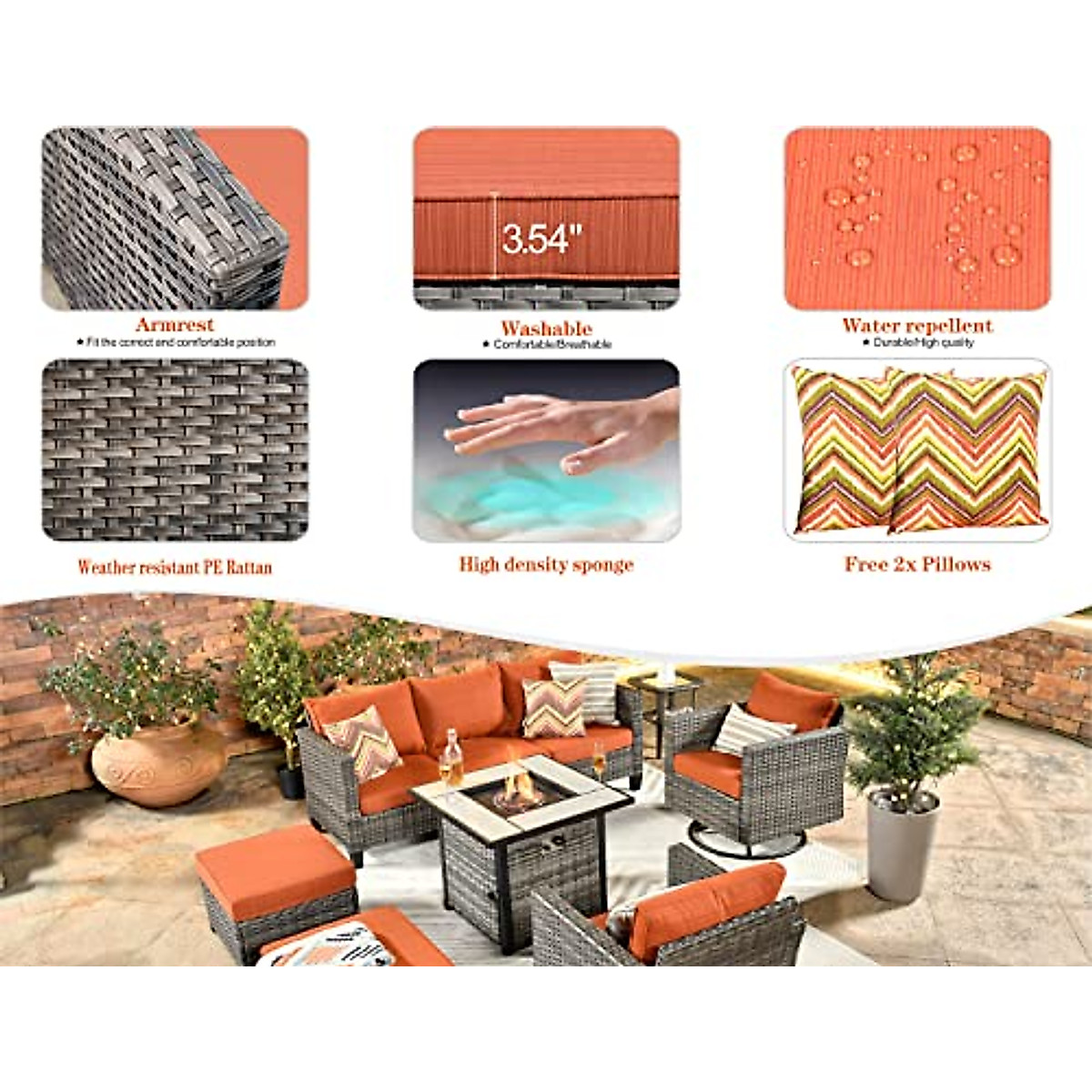 ovios Patio Furniture Set 7 PCS Outdoor Wicker Rattan Sofa Set with 360 Degree Swivel Rocking Chairs 30 Inch Gas Fire Pit Table Garden Backyard Porch (Orange Red-Grey)