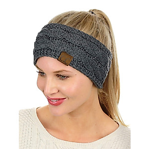 C.C Soft Stretch Winter Warm Cable Knit Fuzzy Lined Ear Warmer Headband, Dark Melange Gray