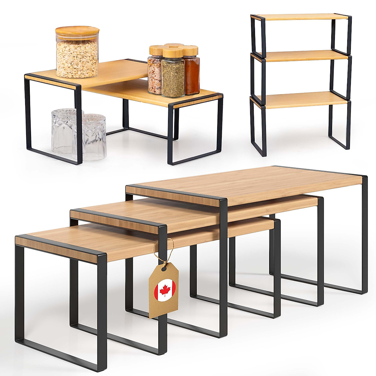 Ibyx Premium Kitchen Cabinet Organizer Shelf - Set of 3 Kitchen Counter Shelves - Stackable Shelf Racks for Cabinets - Metal Frame & Engineered Wood (Natural Wood, Black Frame)