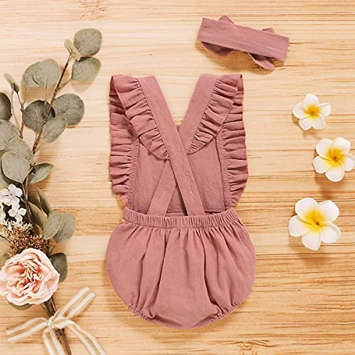 Shalofer Baby Girls One Year Old Outfits First Birthday Romper Cute Backless Ruffles Jumpsuit with Headband (Pink,12-18 Months)