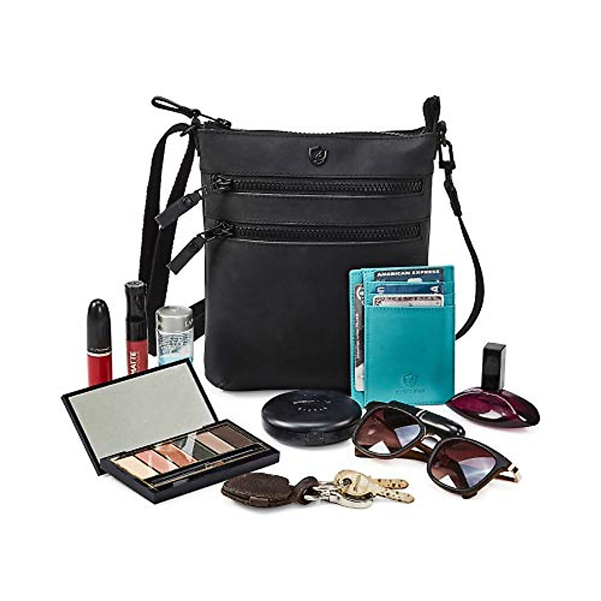 Cochoa Small Triple Zip Real Leather Women's Crossbody- Premium Vintage Crossover Shoulder Sling Bag (8" x 7" x 1.5", Black Crazy Horse)