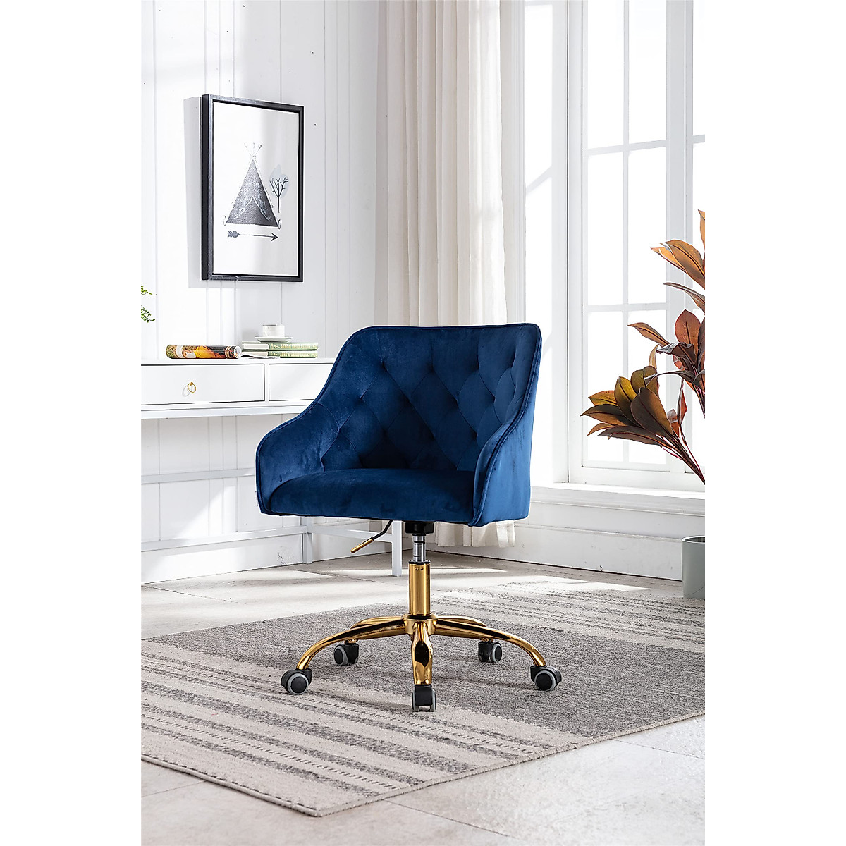 KUIKUI Velvet Desk Chair, Modern Office Chair, Wheels Swivel Height Adjustable Swivel Task Chair for Home Office,Navy Blue