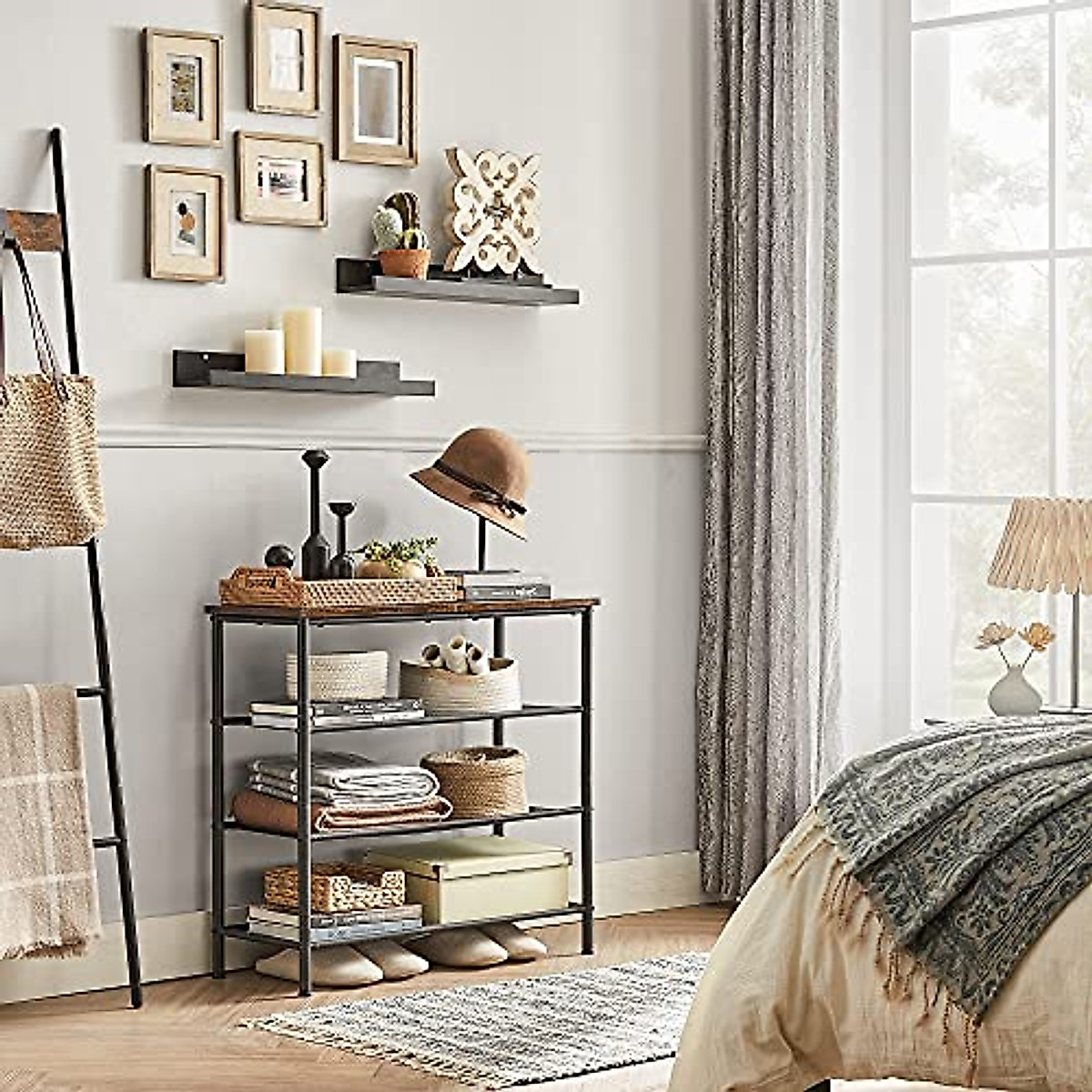 VASAGLE Shoe Rack, 4 Tier Shoe Storage Rack for 9-12 Pairs of Shoes, Shoe Organizer for Entryway, with 3 Fabric Shelves and Wooden Top, Steel Frame, Industrial, Rustic Brown and Black ULBS035B01