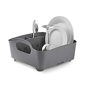 Umbra Tub Dish Drying Rack – Lightweight Self-Draining Dish Rack for Kitchen Sink and Counter at Home, RV or Motorhome, Charcoal