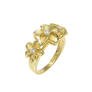 Arthur's Jewelry Yellow gold plated sterling silver 925 Hawaiian 3 cz plumeria flower ring size 8