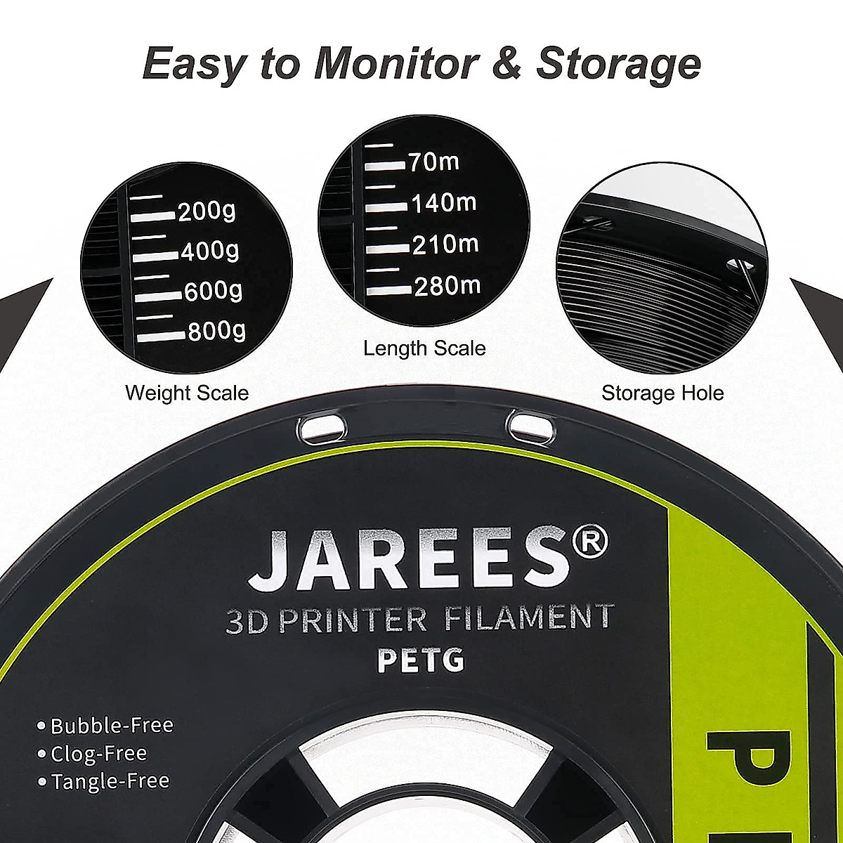 JAREES Petg Filament 1.75,Toughness Enhanced Petg Vacuum Sealed,Adhere Well 1kg Spool 3D Printer Filament,Dimensional Accuracy 1.75mm ±0.02mm,Black