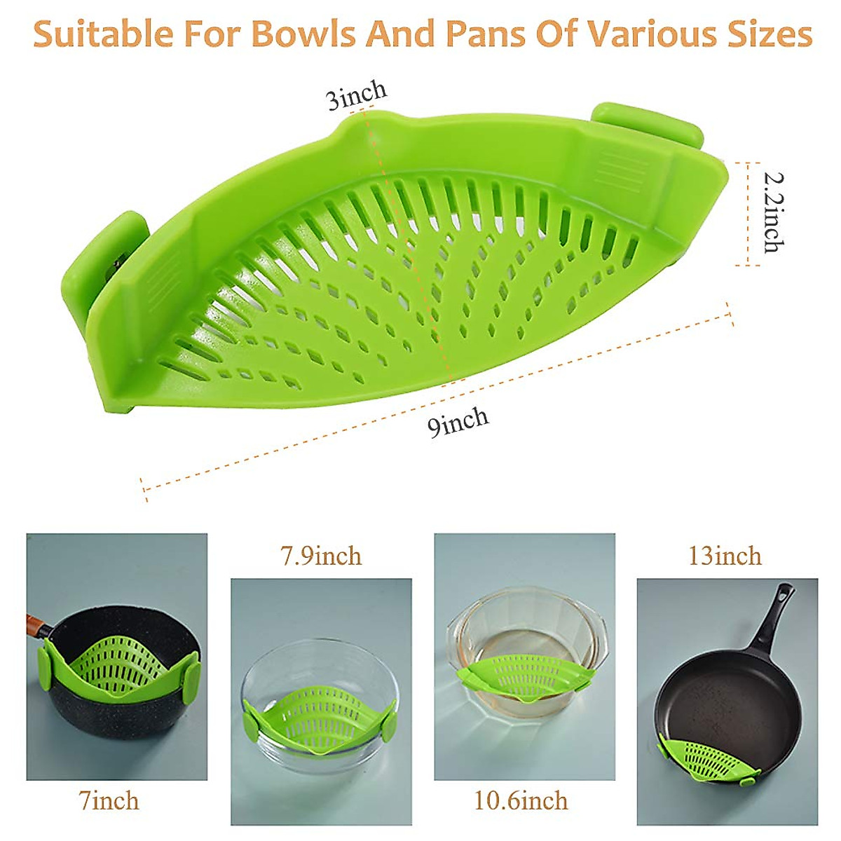 YEVIOR Clip on Strainer for Pots Pan Pasta Strainer, Silicone Food Strainer Hands-Free Pan Strainer, Clip-on Kitchen Food Strainer for Spaghetti, Pasta, Ground Beef Fits All Bowls and Pots (Green)