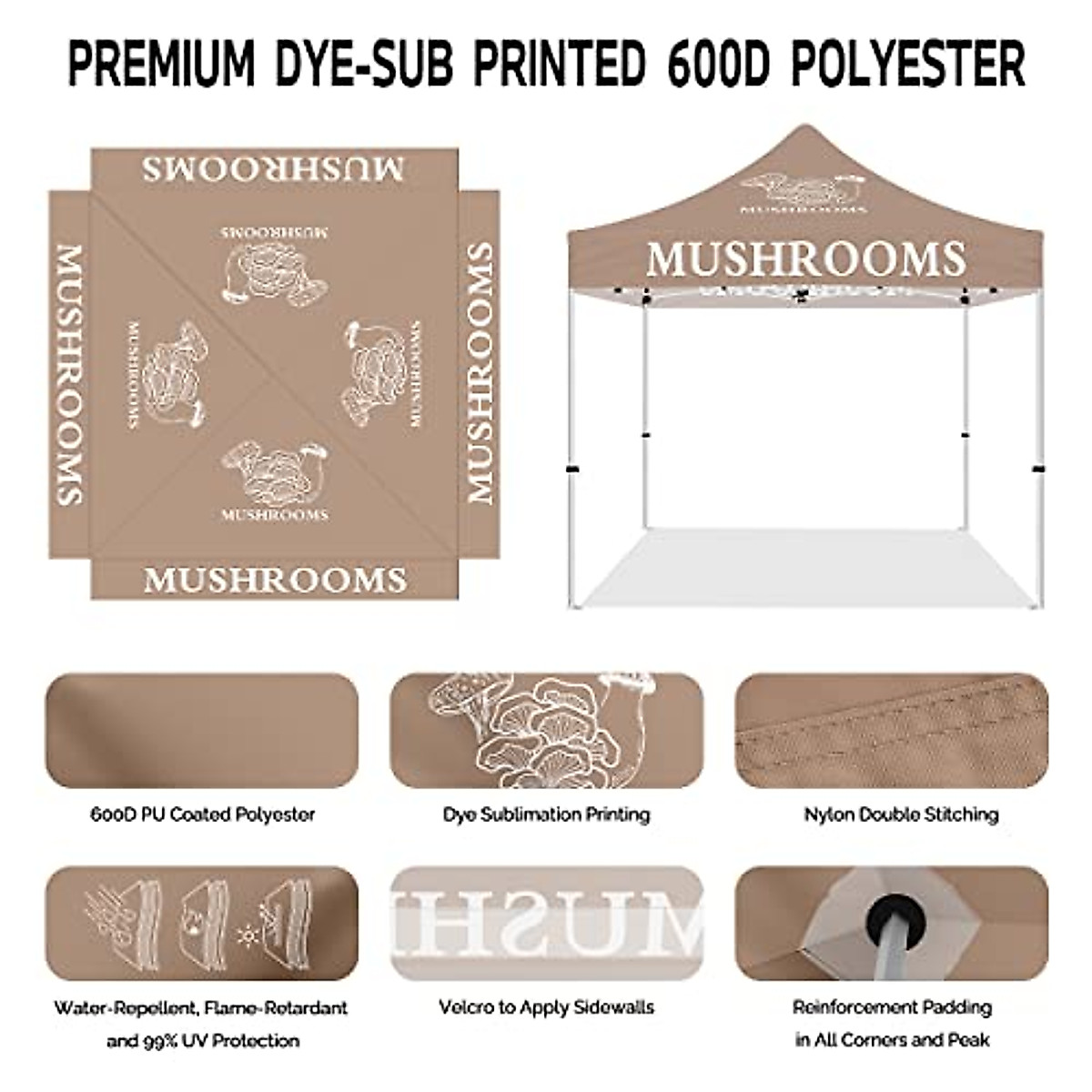 ABLEM8CANOPY Custom Canopy Tent 10x10 with Logo, Personalized Pop Up Canopy Tent with Optional Walls for Business Events, Trade Shows, Farmers Market, Roller Bag Included(Mushroom)