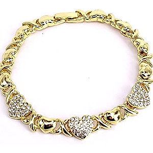 Women's Girls XOXO Hugs & Kisses Shiny Hearts Bracelet Real Gold Plated 7.5"