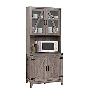 YUSING 67” Kitchen Pantry Cabinet, Buffet Hutch with Microwave Stand and Drawer. Storage Cabinet with Glass Doors and Shelves