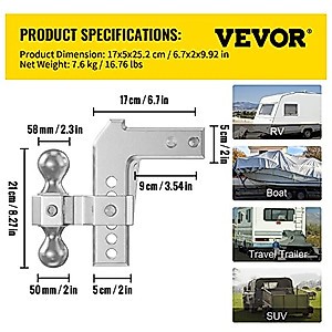 VEVOR Adjustable Trailer Hitch, Fits 2" Receiver, 6" Drop Ball Mount Hitch w/ Forged Aluminum Shank & Two Iron Balls, 12500 LBS Towing Capacity for Most Common Needs, Dual Locking Pins Included