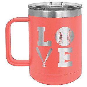 BASEBALL LOVE SQUARE Coral 15 oz Coffee Cup w/Slide Top Lid | Insulated Travel Coffee Mug | Unique Gift Ideas From Women or Men | Compare Price To Yeti Rambler
