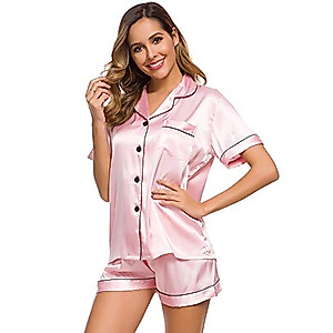SWOMOG Womens Silk Satin Pajamas Set Two-Piece Pj Sets Sleepwear Loungewear Button-Down Pj Sets