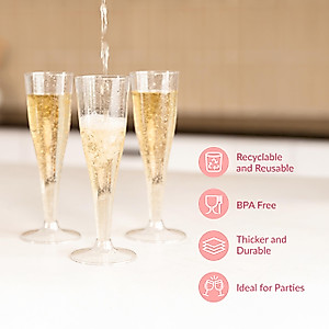 Prestee 100 Pack Plastic Champagne Flutes Disposable - Durable Silver Glitter Champagne Glasses 4.5 oz - Ideal for Parties, Weddings, Mimosa Bar, and Celebrations - Elegant Single Use Party Glasses