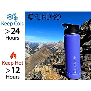 Cylindro Water Bottle, Triple-Layer Stainless Steel - 3 Lids, Vacuum Double Walled Copper Lined, BPA Free, w/ Silicone Boot, Hot & Cold - 22 Oz Veri Peri Purple