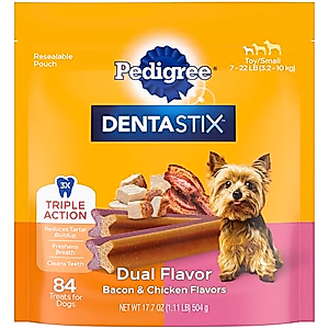 PEDIGREE DENTASTIX Dual Flavor Small Dog Dental Treats, Bacon & Chicken Flavors Dental Bones, 17.7 oz. Pack (84 Treats)