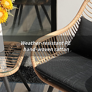 Verano Garden 3 Piece Patio Bistro Set, Outdoor Wicker Conversation Chair Sets Balcony Furniture,Coffee Table with Glass Top, Cushions & Lumbar Pillows for Porch, Backyard, Deck, Poolside