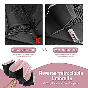 BangBoom Automatic Reverse Folding Umbrella Windproof Waterproof Inverted Sun Protection Umbrella with Reflective Tape, Portable Travel Umbrellas with Reinforced Frame for Rainy Sunny Days (Pink)