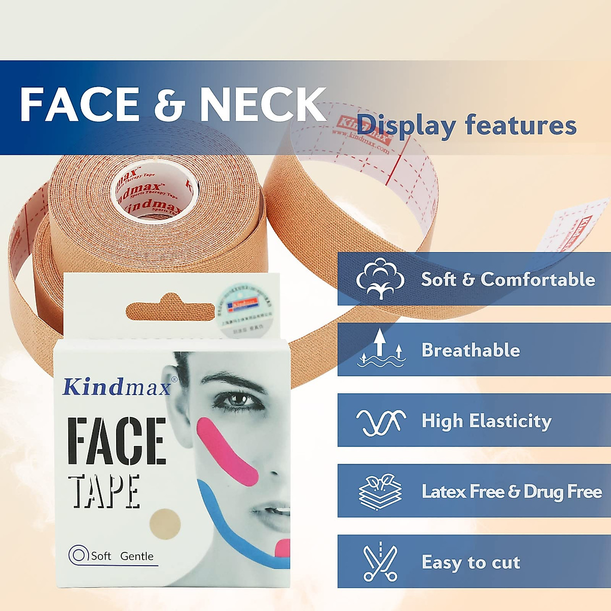 Kindmax Face Tape, 2 Rolls, Anti Wrinkles Patches, Face Eye Neck Lift Tape, V Line Lifting Chin Strap, Face Toning Belts, High Elasticity, Firming and Tightening Skin 2.5cm*5m (Beige)