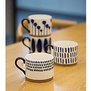 Koja Hand Painted 15 oz. Porcelain Ceramic Mugs Set. Service for 4.