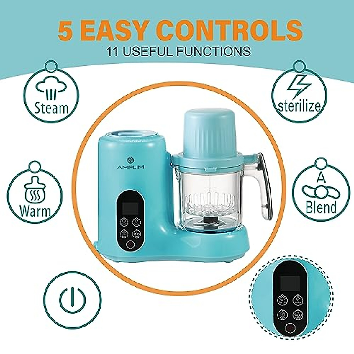 Amplim Baby Food Maker for Nutritious Homemade Meals | 11-in-1 Processor with Steam, Blend, Puree, Grinder, Chopper, Juicer, Defroster, Reheater, Cooker, Meal Station, and Bottle Sanitizer and Warmer