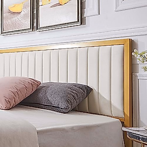 VECELO Queen Bed Frame with Upholstered Tufted Headboard & Footboard, Heavy Duty Steel Slats Platform, No Box Spring Needed, Gold