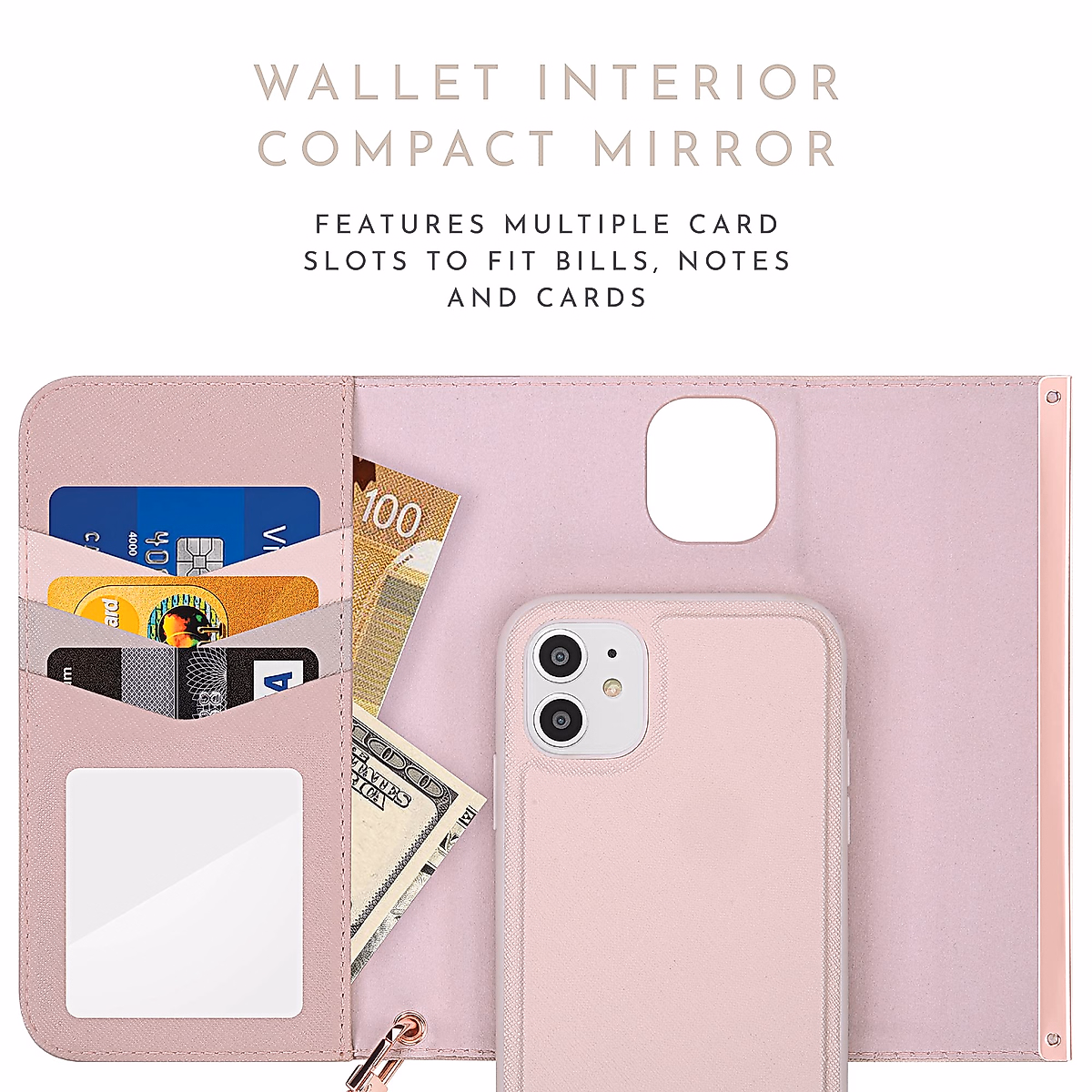 HABITU [Folio Collection 2022] Eris Tri-Fold Pink Wallet Case for iPhone 12/12 Pro, Detachable Vegan Leather Magnetic Folio with Card Pockets, Mirror & Strap for Women, Pink Eris