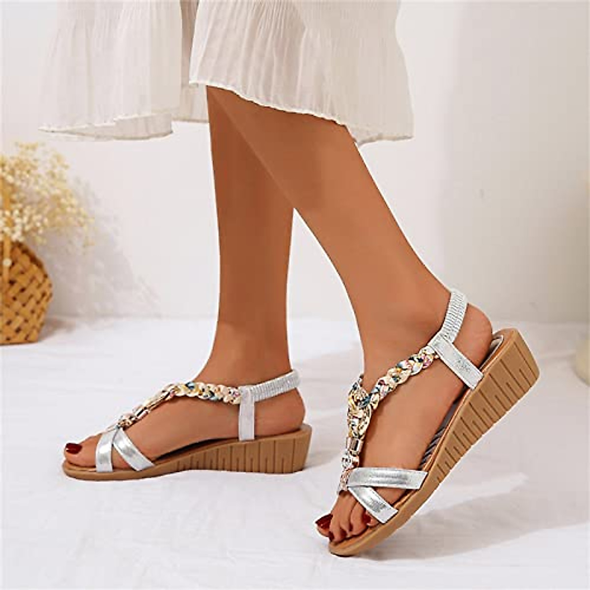 Women's Tan Sandals Ladies Fashion Bohemian Summer Leather Knitted Rhinestone Decoration Slope Heel Sandals (Silver, 8)