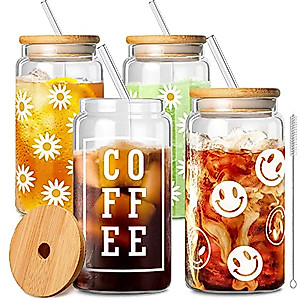 GMISUN Glass Cups with Lids and Straws, 16oz Iced Coffee Cup, Beer Can Glass with Lids and Straw, Drinking Glasses with Bamboo Lids Coffee Bar Accessories for Beer/Juice, Exclusive Transfer Labels