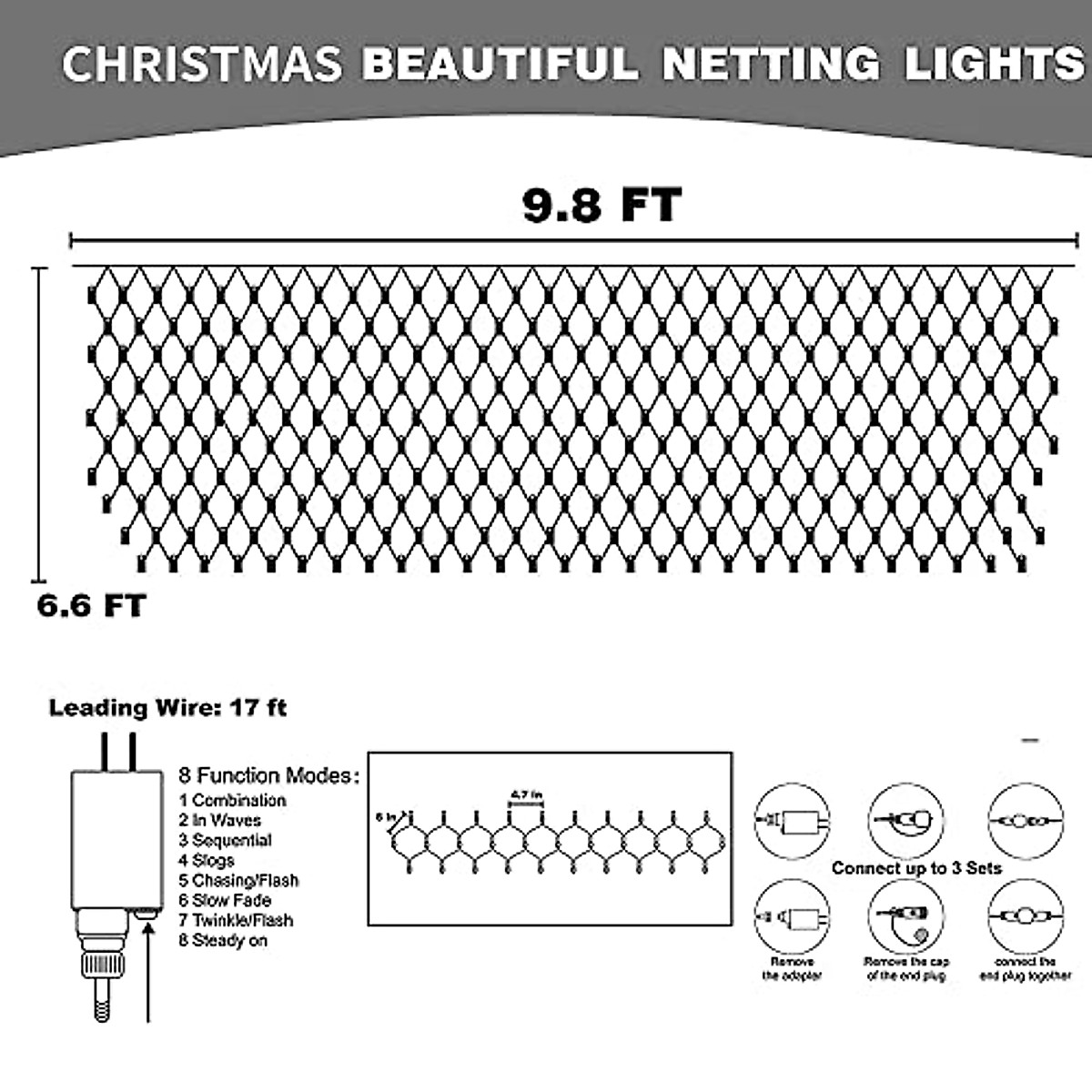 Dazzle Bright Christmas 200 LED Net Lights, 9.8 FT x 6.6 FT Connectable Mesh Lights with 8 Lighting Modes, Christmas Decorations for Indoor Outdoor Bush Yard Garden Decor (Warm White, Green Wire)