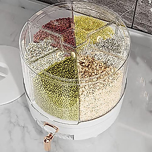 Rice Dispenser, Rotating Dry Food Dispenser PP Plastic Kitchen Grain Storage Container with 6 Compartments Holder for Rice and Beans (White)